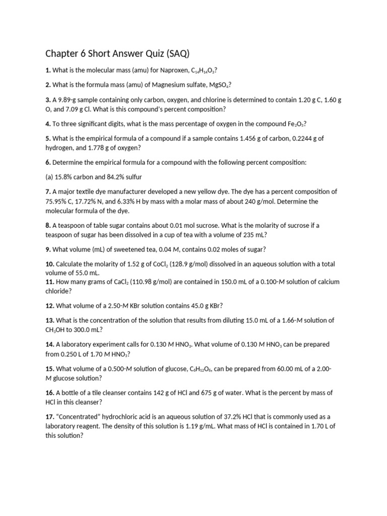 Chemistry Short Answer Quiz SAQ | PDF | Mole (Unit) | Chemistry