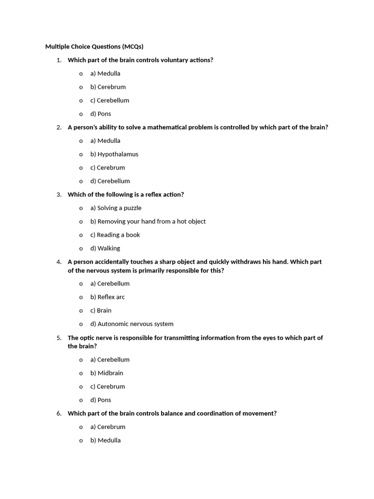 Multiple Choice Questions | PDF | Central Nervous System | Neuron