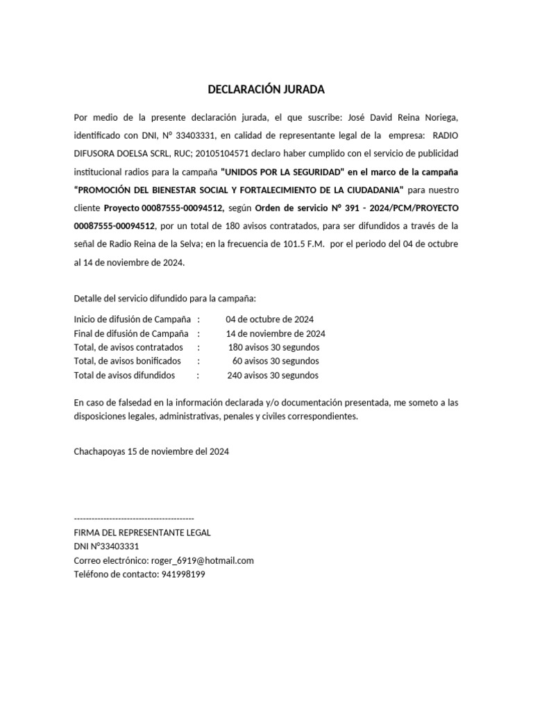 Declaración Jurada - Ejemplo 2024 | PDF