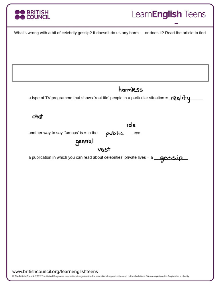 Day 2 - Worksheet. Are Celebrities Bad For You - Bristishcouncil | PDF | Linguistics
