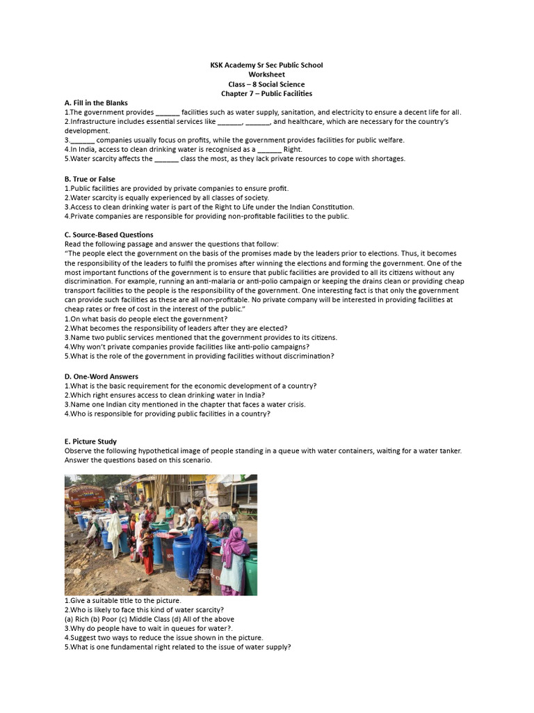 Worksheet Class-8 Chapter7-Public Facilities | PDF | Water | Water Scarcity