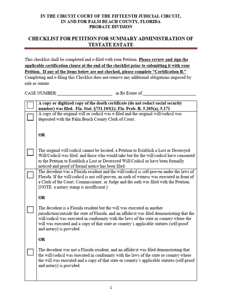 Checklist SUMMARY ADMINISTRATION OF TESTATE ESTATE | PDF | Probate ...