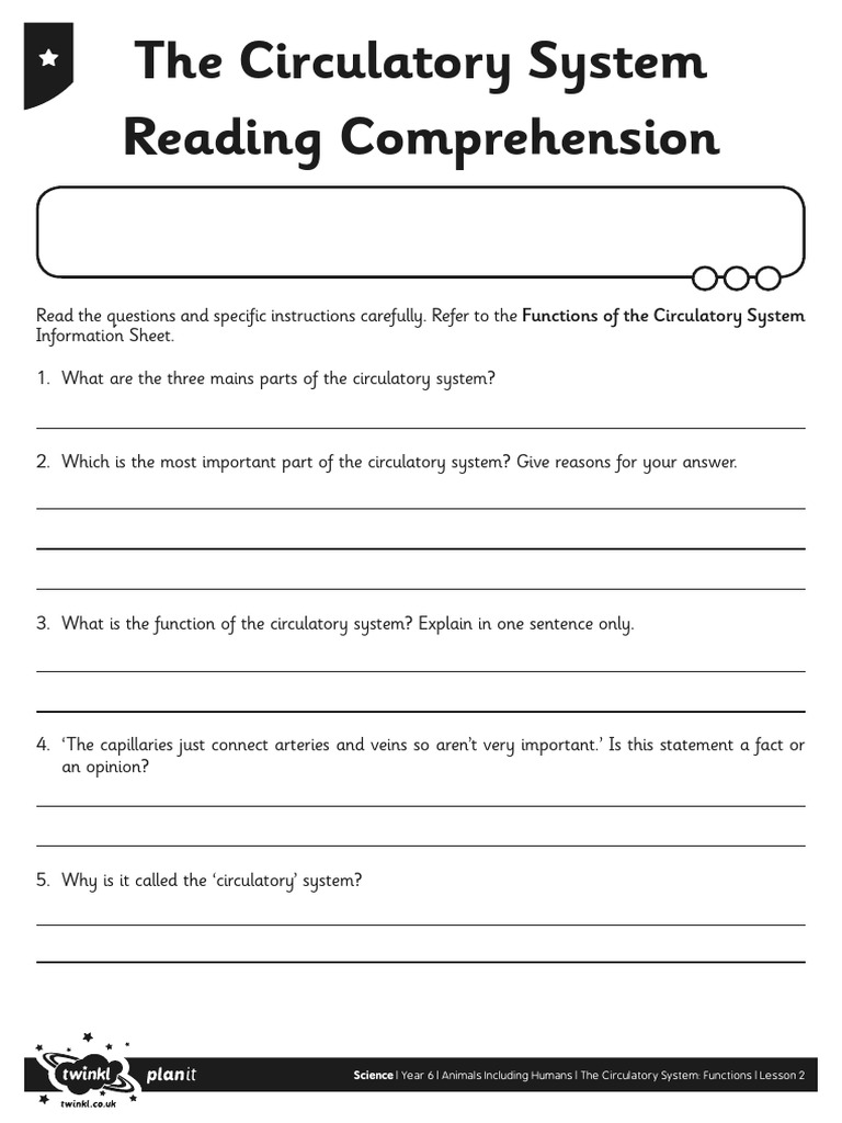 Year 6 Science and Reading The Circulatory System Comprehension 3 ...