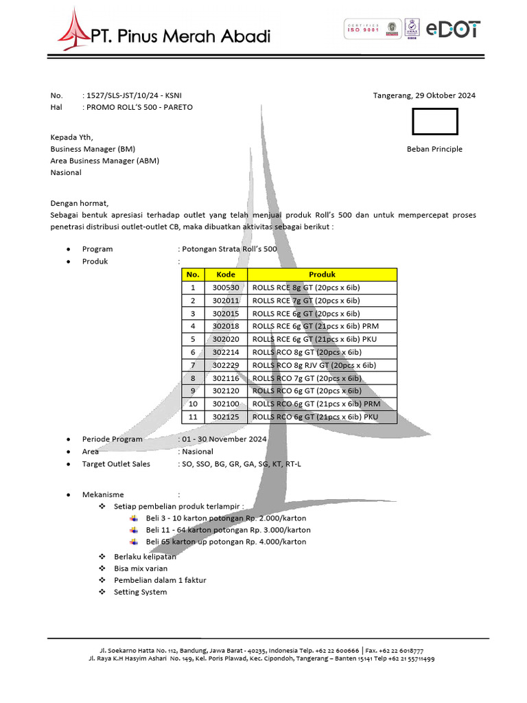 Surkom - 1527 - Promo Potongan Strata Roll's 500 - Nasional - Pareto | PDF