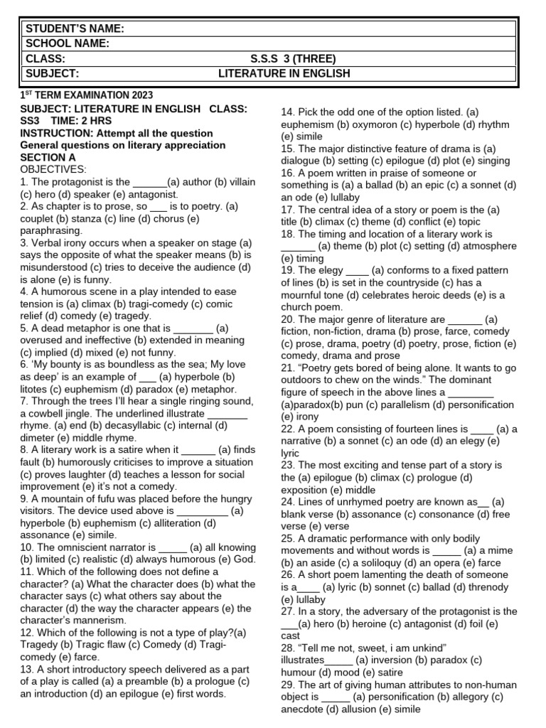 Lit-In-English SS3 First Term Exam-1 | PDF | Poetry | Othello