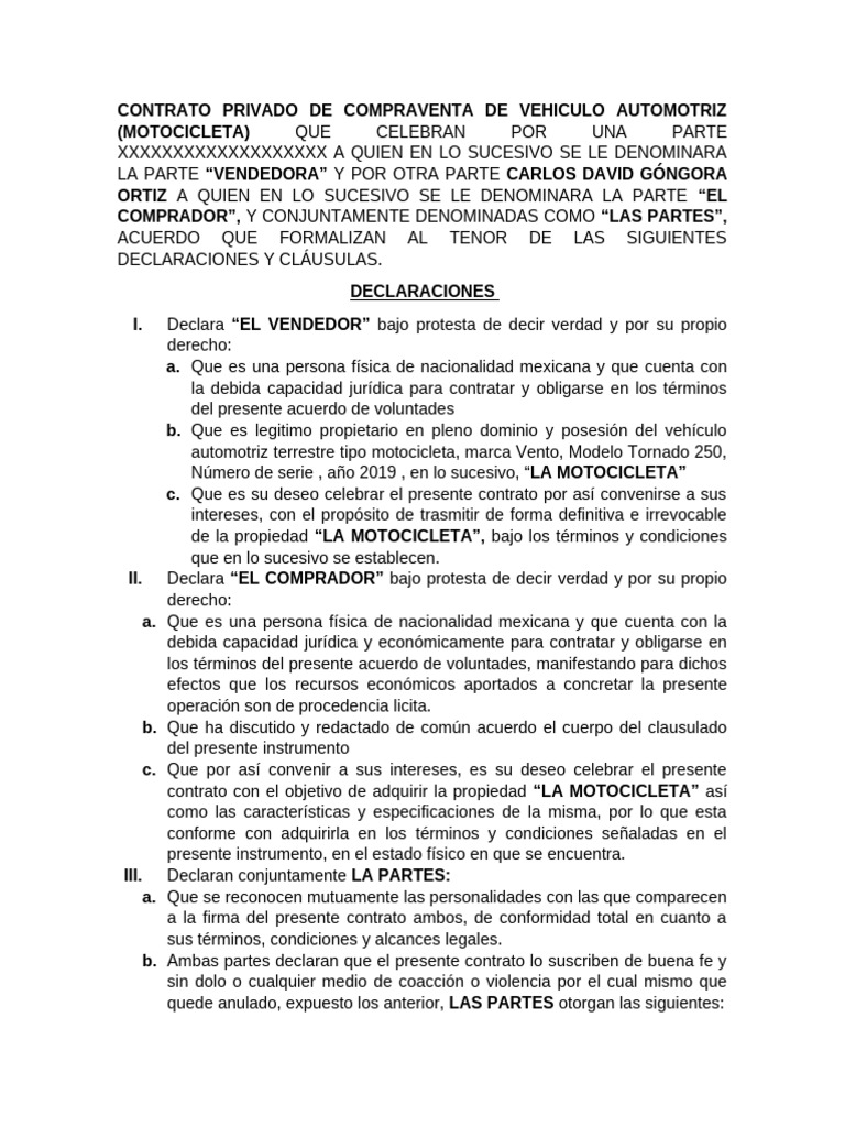 Contrato Privado de Compraventa de Vehiculo Automotriz | PDF | Derecho privado | Justicia