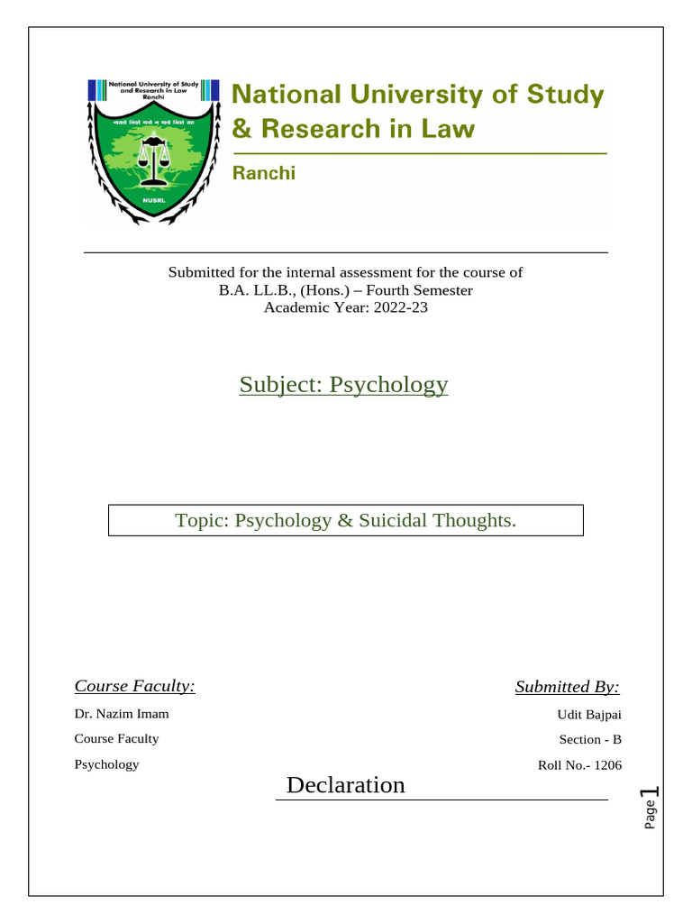 Udit Bajpai Psychology Sem IV (2020-25) | PDF | Suicide | Major Depressive Disorder