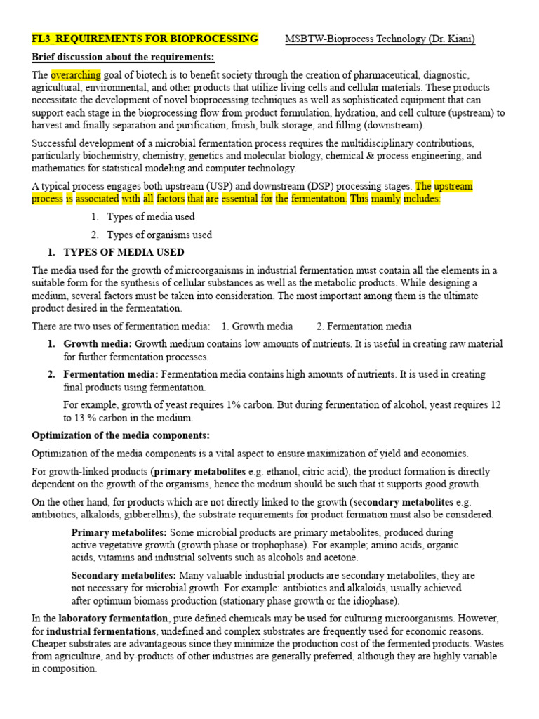 FL3,4 Requirements Bioprocess | PDF | Fermentation | Growth Medium