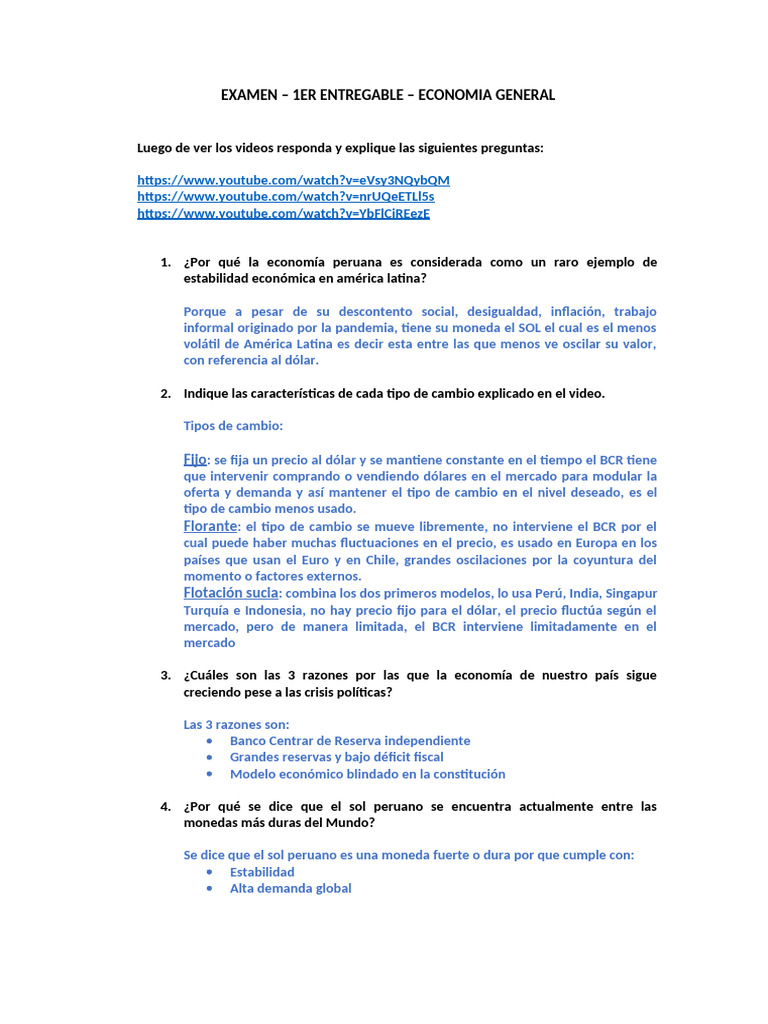 Examen - 1er Entregable - Economia General | PDF | Tipo de cambio | Moneda