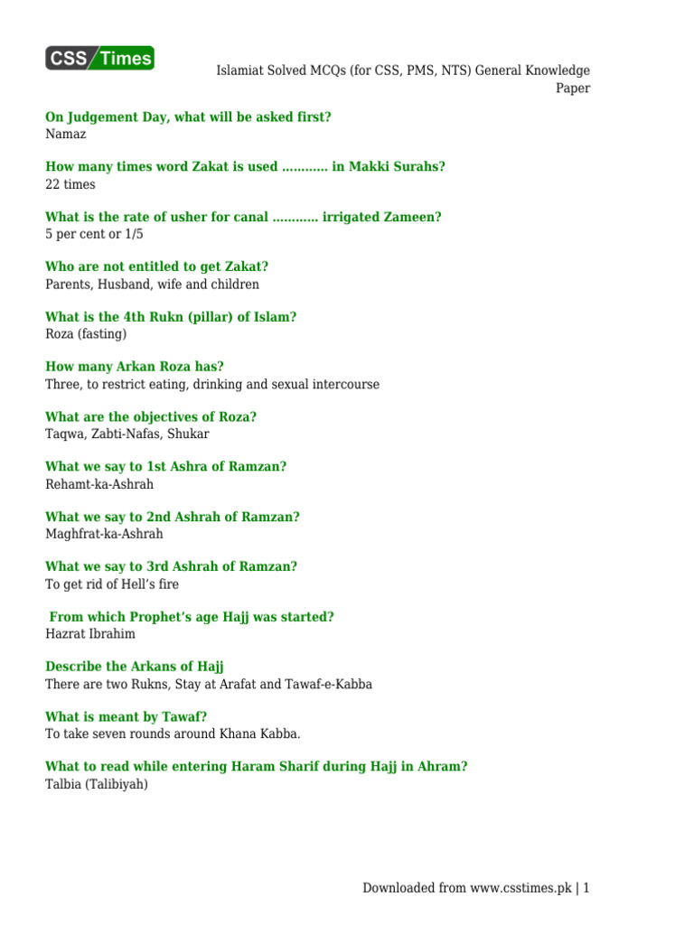 Islamiat MCQs for CSS, PMS, NTS Prep | PDF | Prophets And Messengers In ...