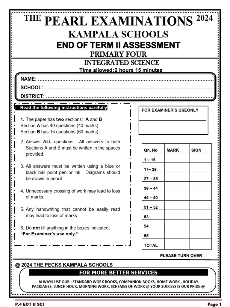 Pearl Exams P.4 Eot Ii Sci 2024-1 | PDF | Agriculture | Botany