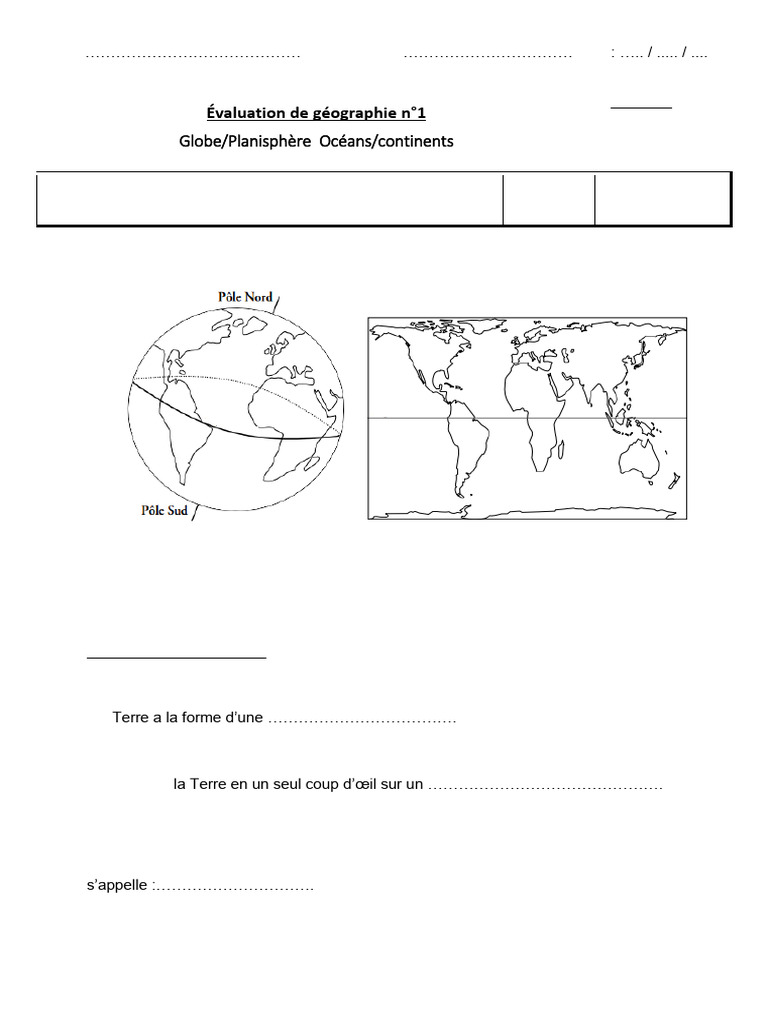 Globe Planisphère Océans Continents Evaluation Ce2 Géographie Cycle 3 ...