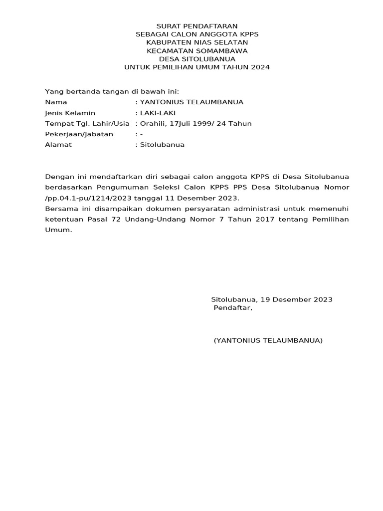 Formulir Pendaftaran Kpps A Celsi - Salin | PDF