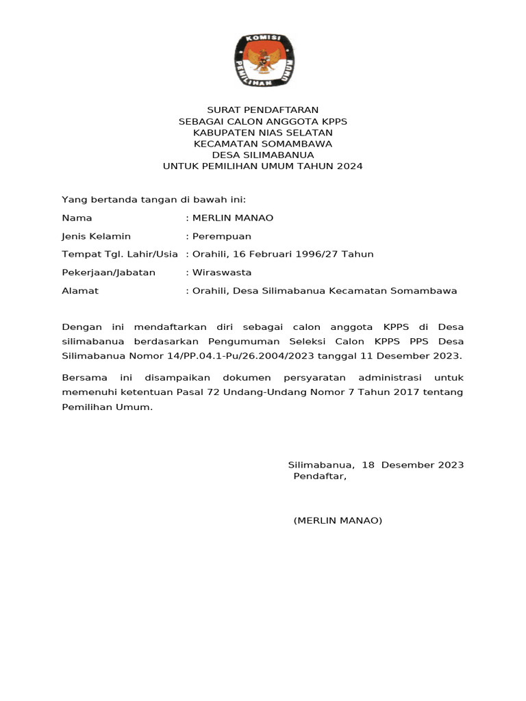 Formulir Pendaftaran Kpps I. Kenisha | PDF