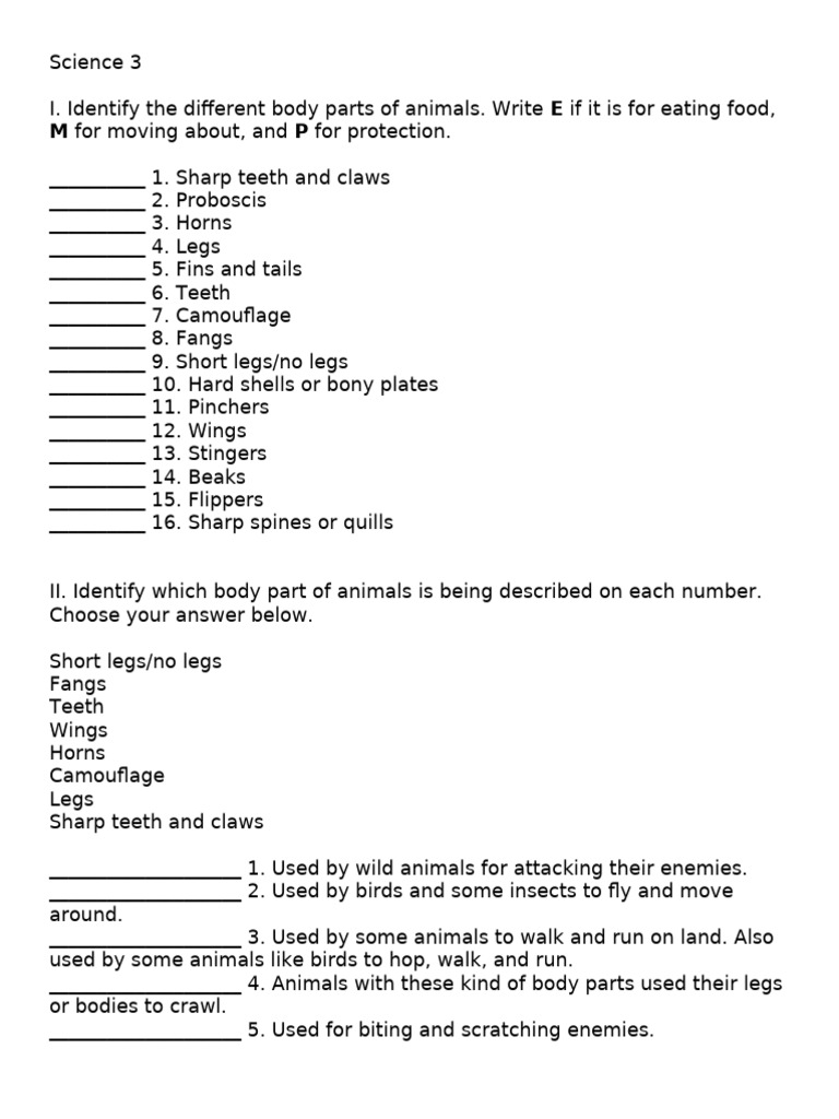 Science 3 - Body Parts of Animals | PDF