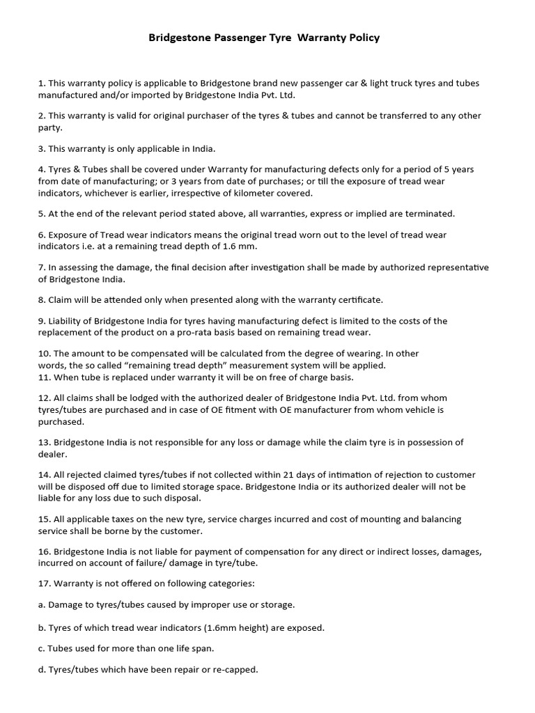 Bridgestone Warranty Policypdf | PDF | Tire | Vehicles