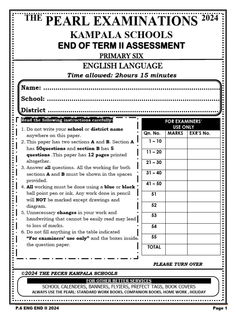 Pearl Exams P.6 Eot Ii Eng 2024-1 | PDF | Sewing