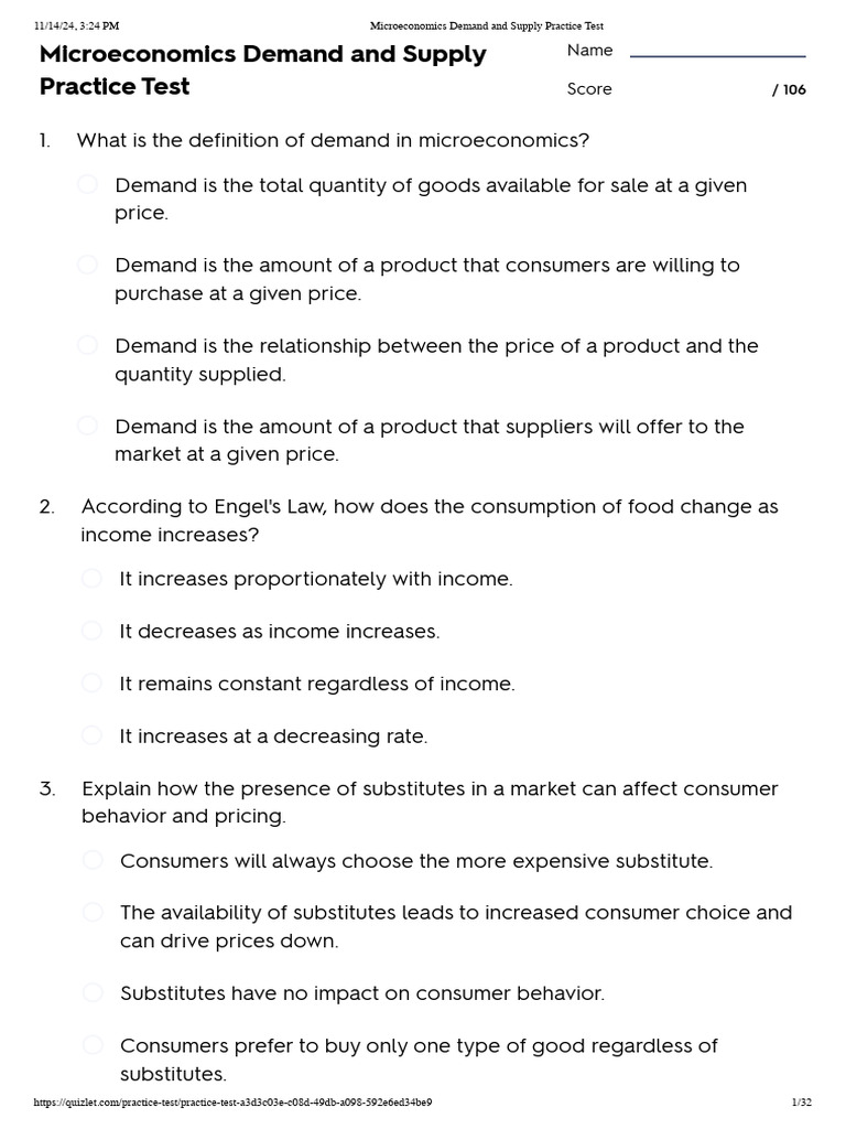Microeconomics Demand and Supply Quiz | PDF | Demand | Elasticity ...