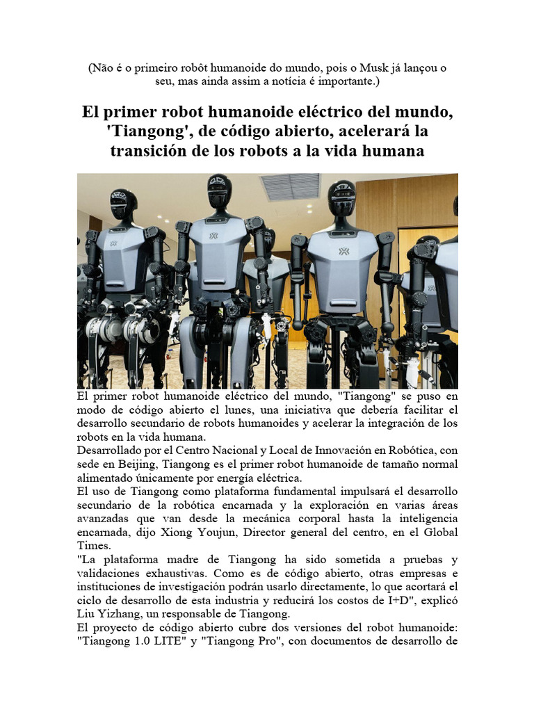 El Primer Robot Humanoide Eléctrico Del Mundo, 'Tiangong', de Código ...