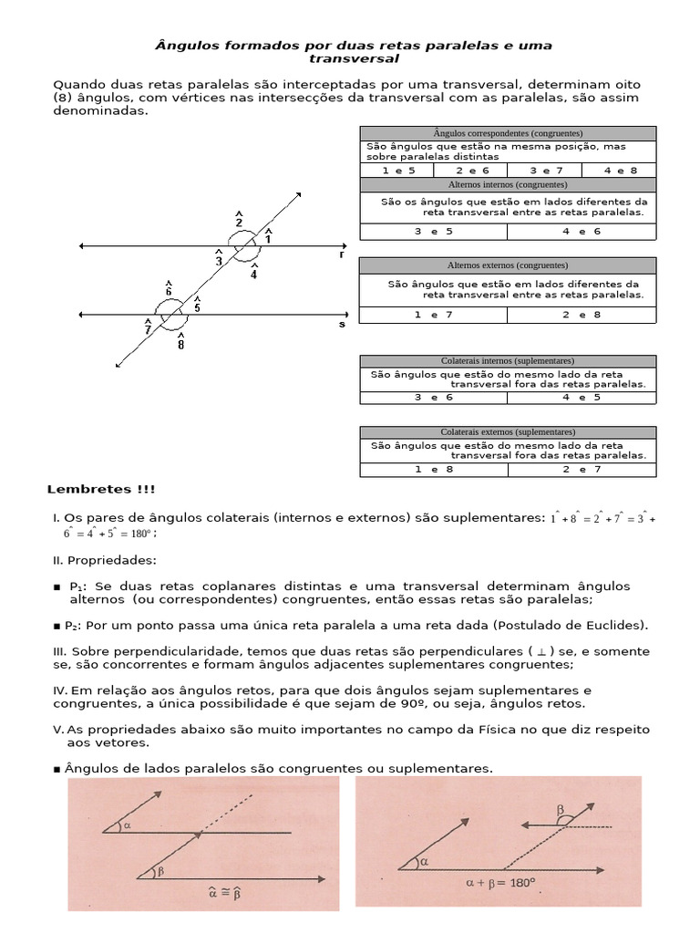 Ângulos Formados Por Duas Retas Paralelas e Uma Transversal | PDF ...