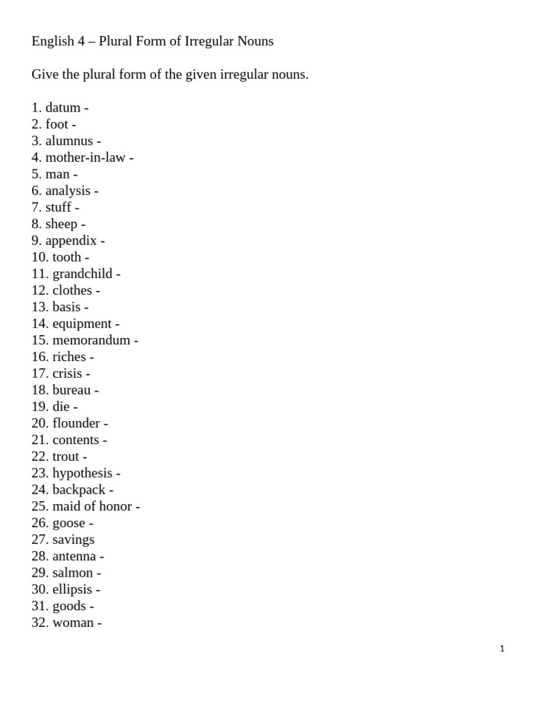 English 4 - Plural Form of Irregular Nouns | PDF