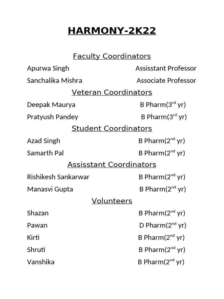 Harmony Coordinators List | PDF