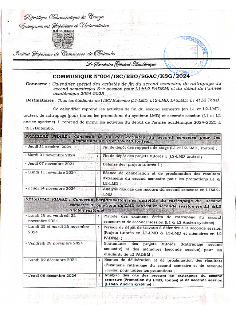 Calendrier de Fin D'année Académique 2023-2024 Et de Rentrée Académique ...