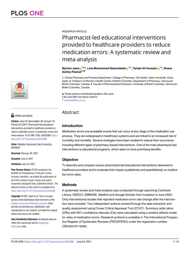 Pharmacist-Led Educational Interventions Provided To Healthcare Providers To Reduce Medication ...