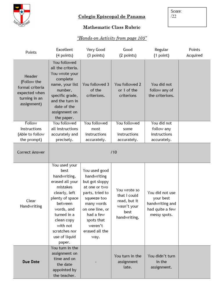 Math - 3rd Grade - PG 105 - Hands On Writing - Multiplication - Rubric ...