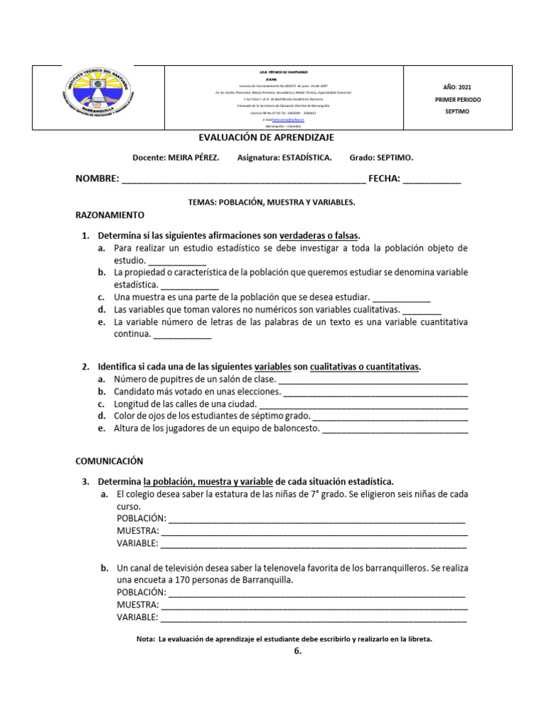 7° Evaluación de Aprendizaje | PDF | Evaluación | Estadísticas