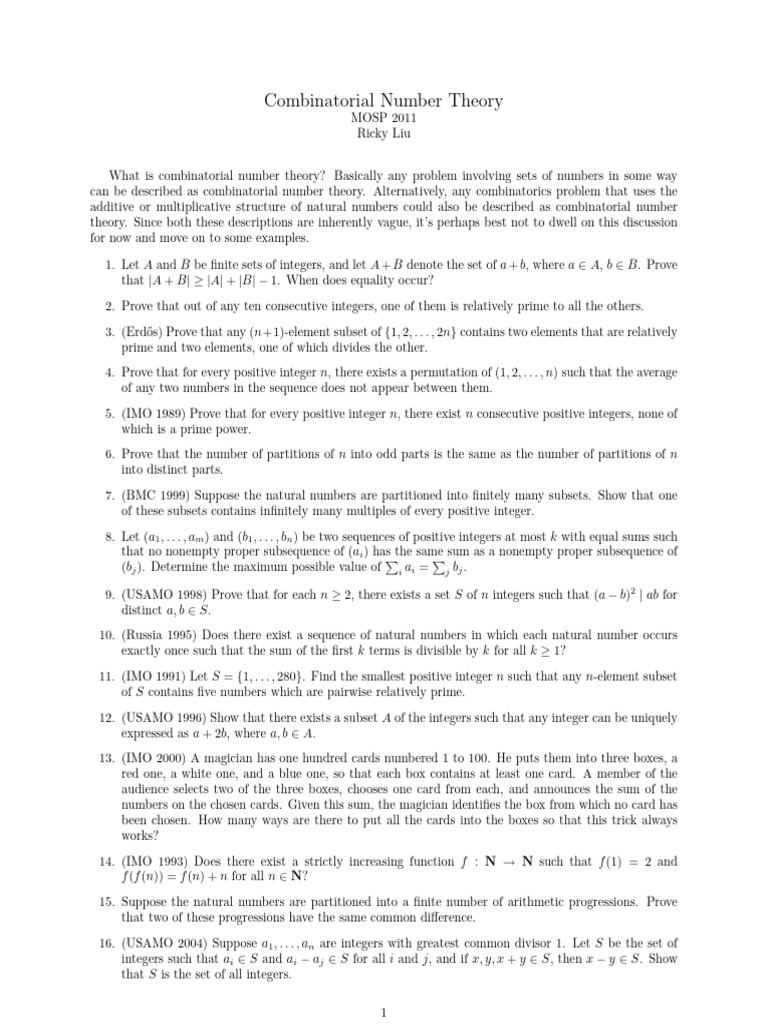 Combinatorial Number Theory - Ricky Liu - MOP 2011 | PDF | Combinatorics | Set (Mathematics)