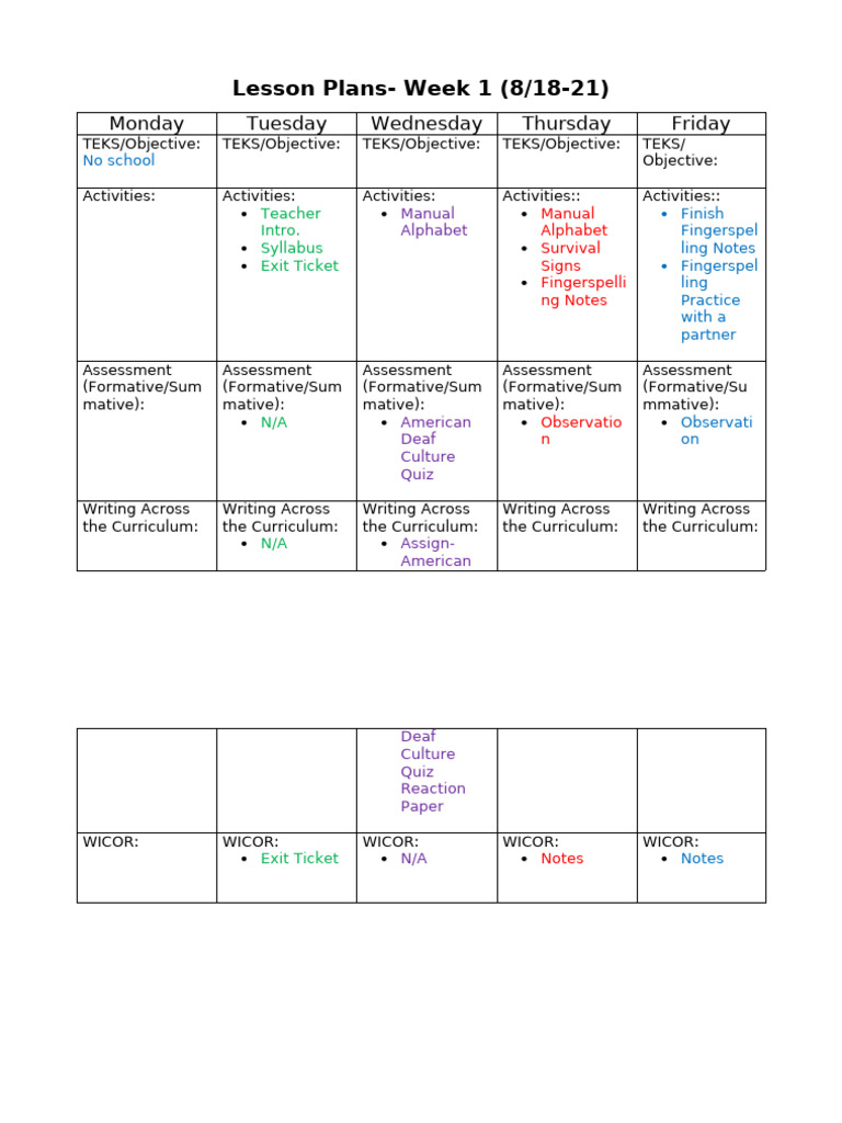 Lesson Plans ASL 1 8-21 | PDF