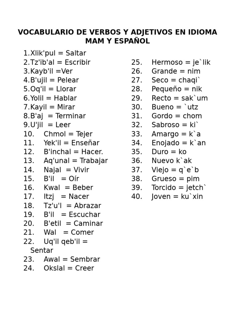 Vocabulario Mam: Verbos y Adjetivos | PDF