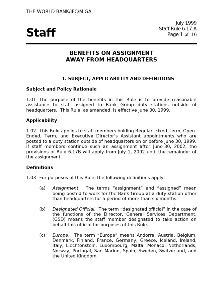 Staff Manual: Benefits On Assignment Away From Headquarters | PDF | Cost Of Living | Per Diem