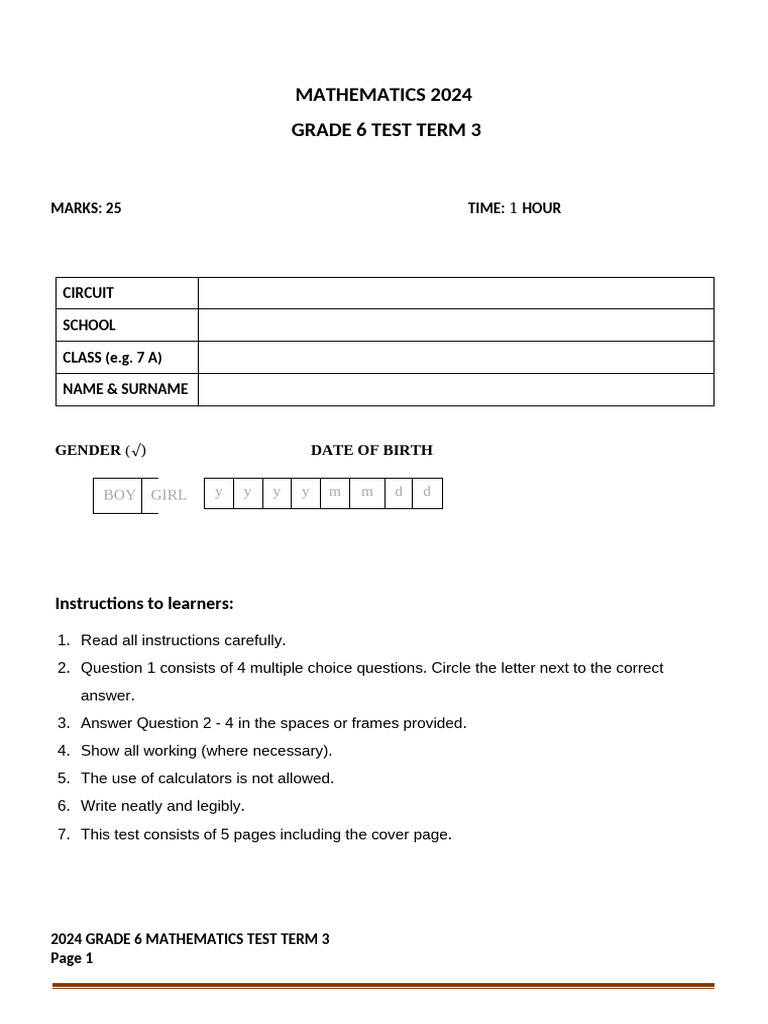 Grade 6 Mathematics Test Term 3 2024 | PDF | Shape | Rectangle