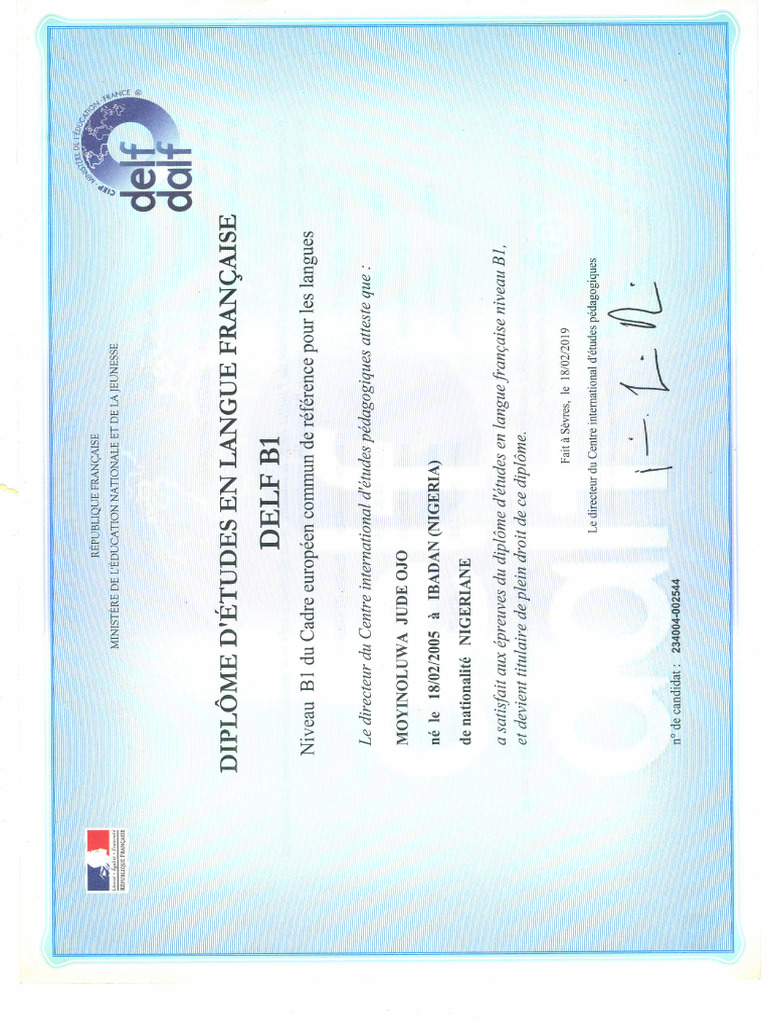 B1 DELF Certificate | PDF