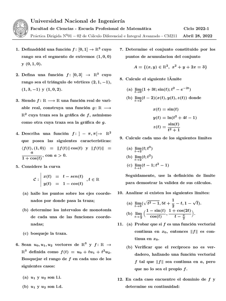 Universidad Nacional de Ingenier Ia: PR Actica Dirigida N 01 02 de C Alculo Diferencial e ...