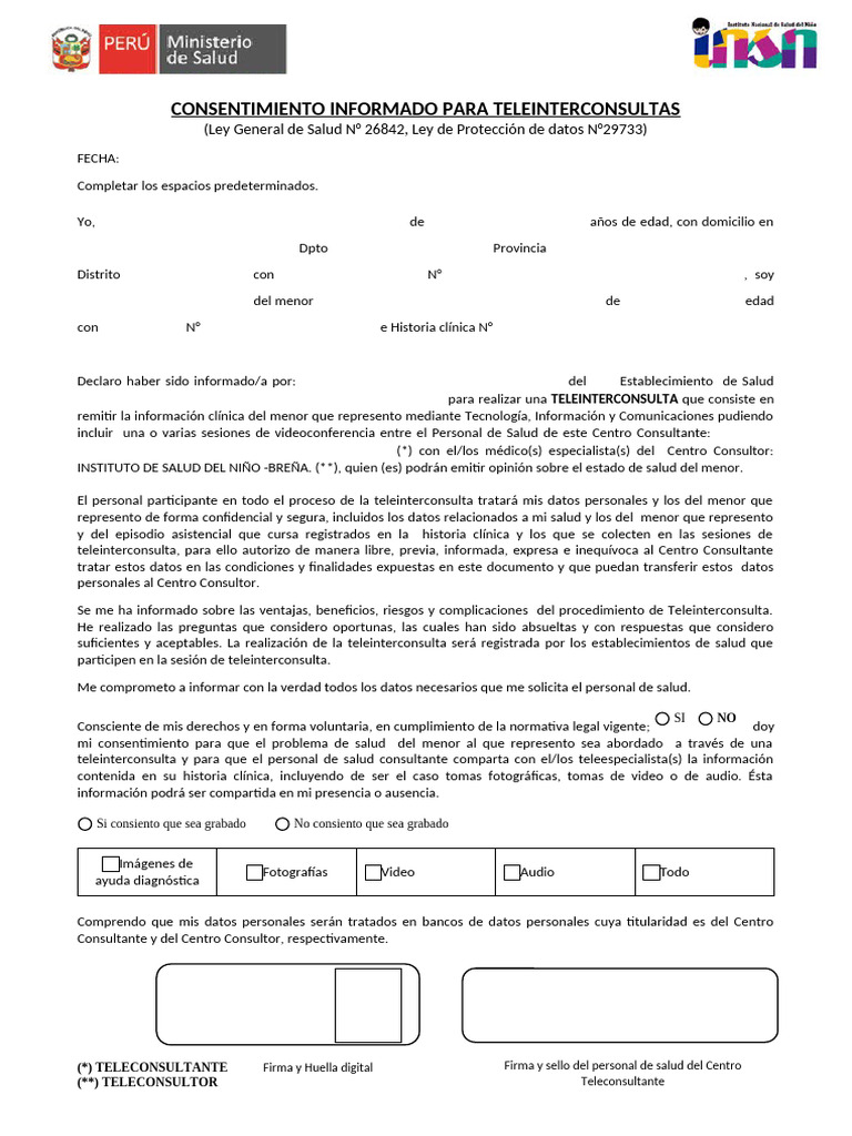04 - Formato Consentimiento Informado INSN - 2020 | PDF | Historial médico | Consentimiento ...