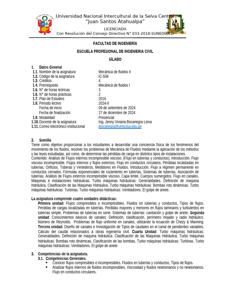 Ic 506 2024 II Mecanica de Fluidos II | PDF | Numero Reynolds | Viscosidad