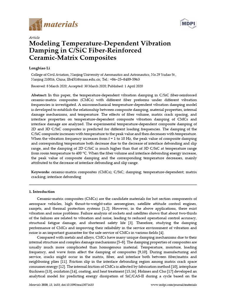 Modeling Temperature-Dependent Vibration Damping in CSiC Fiber-Reinforced Ceramic-Matrix ...
