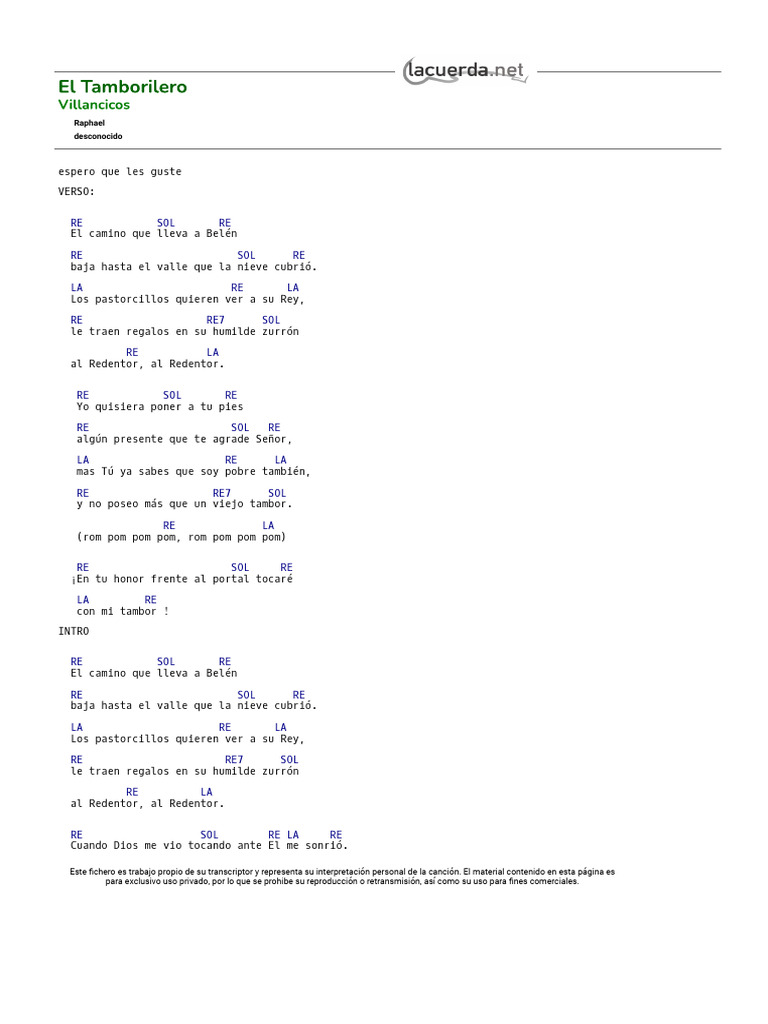 EL TAMBORILERO, Villancicos - Acordes | PDF