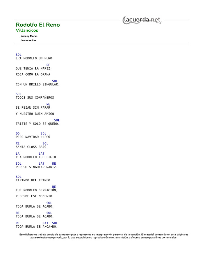 RODOLFO EL RENO, Villancicos - Acordes | PDF | Poesía
