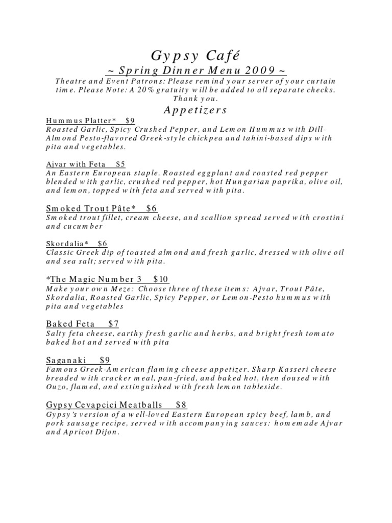 Spring Dinner Menu 2009 from Gypsy Café - Featuring Appetizers, Salads ...