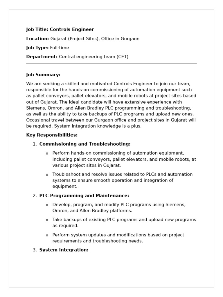Job Description - Controls Engineer | PDF | Programmable Logic Controller | Automation