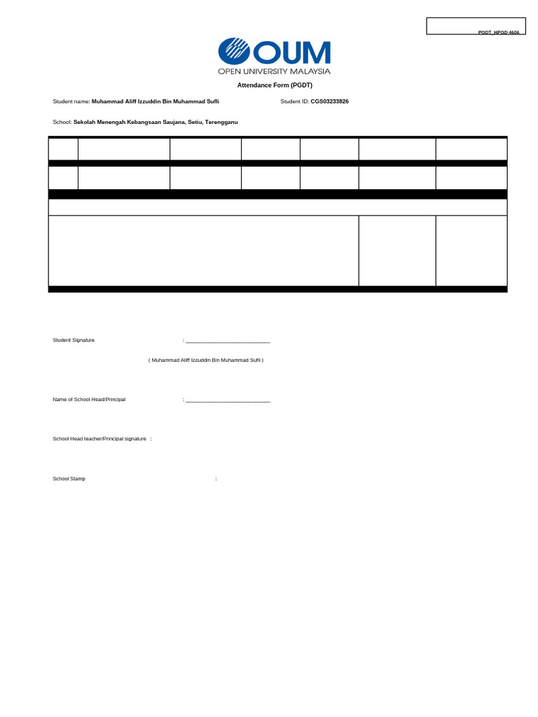 Attendance Sheet Mode 1 8 Week Oum | PDF
