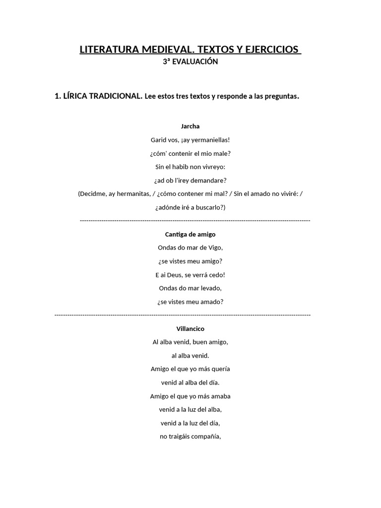 Análisis de Literatura Medieval: Textos y Ejercicios | PDF | Literatura ...
