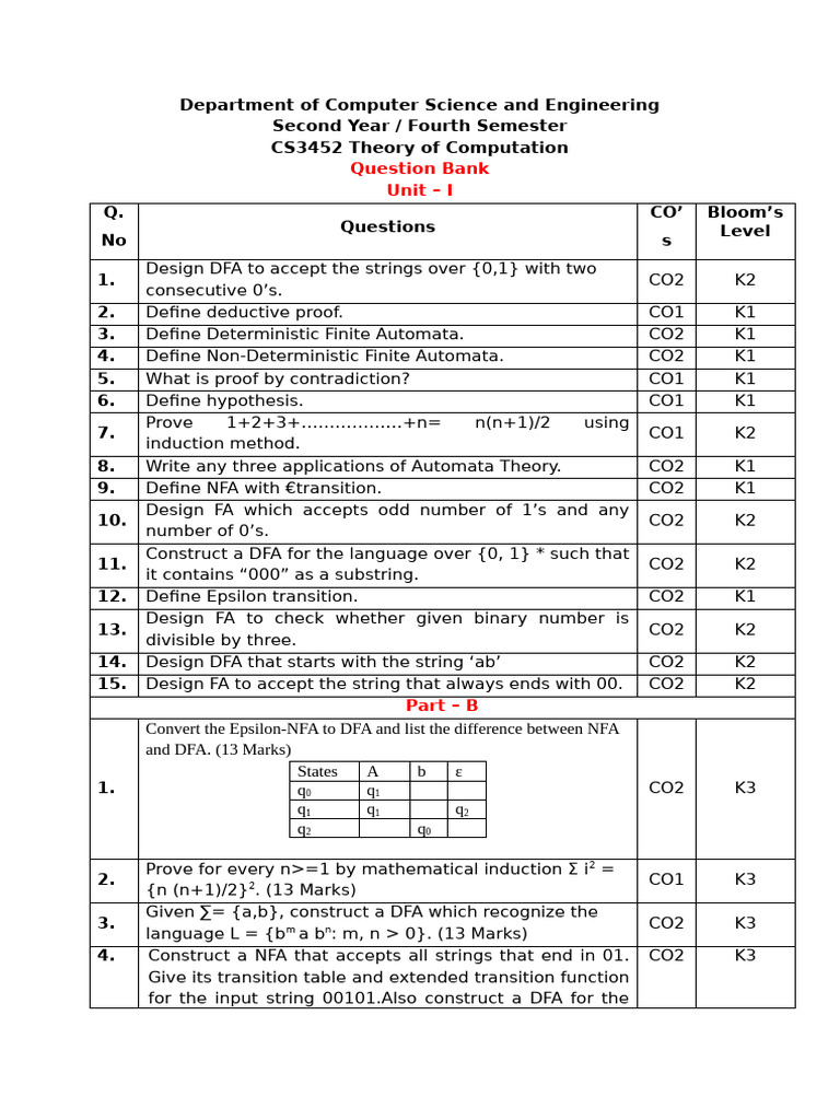 CS3452 - TOC - QB New - V2 | PDF | Theory Of Computation | Theoretical Computer Science