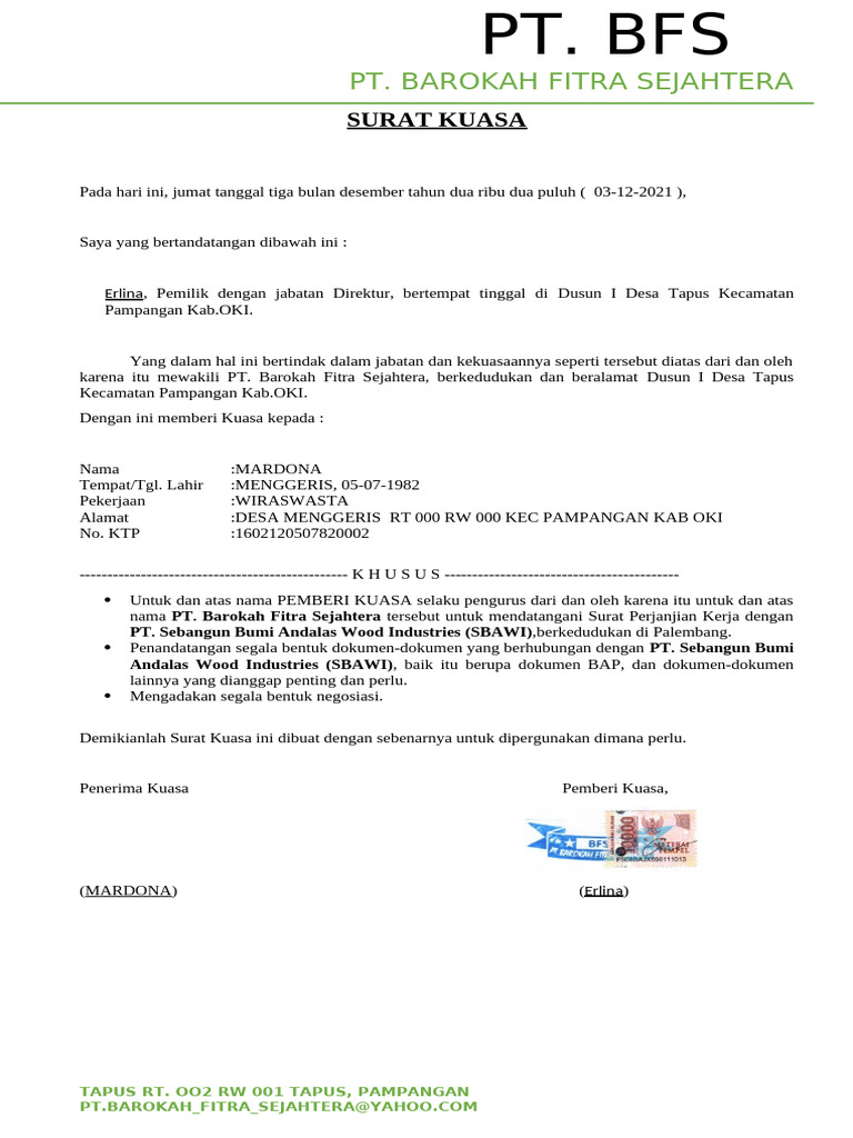 Surat Kuasa PT. BFS | PDF