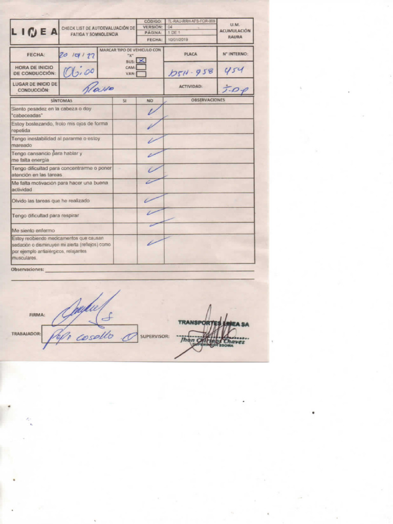 Checkliste de Autoevaluacion de Fatiga y Somnolencia - Enero | PDF