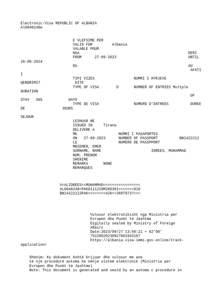 Muhammad Idrees Albania Evisa | PDF